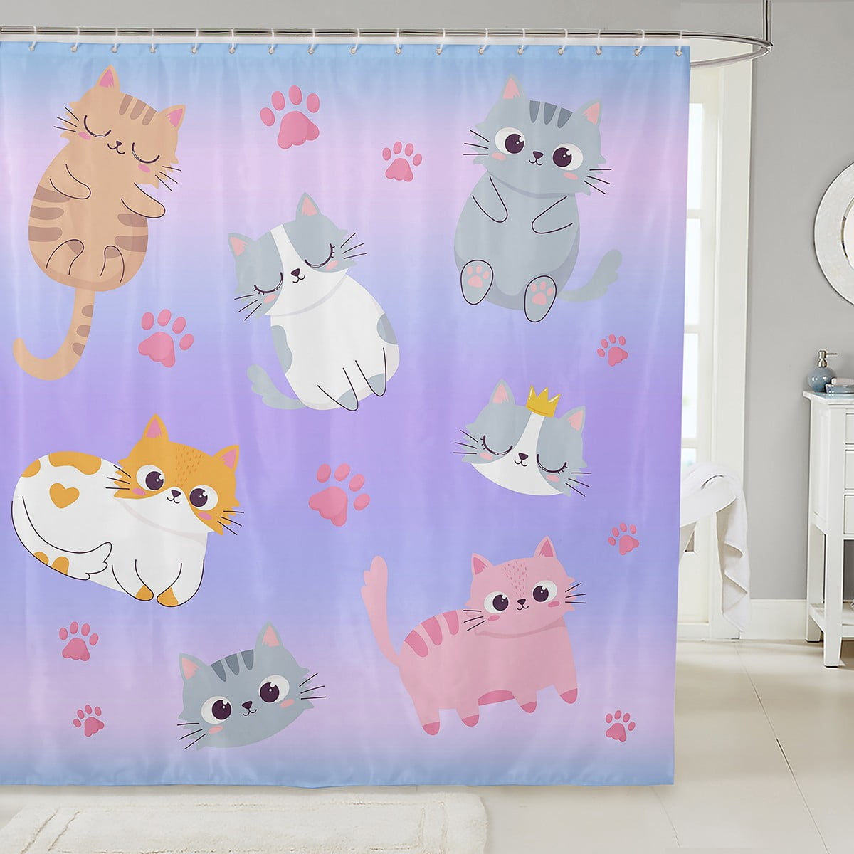 Kawaii Cat Bathroom Curtain Pink Blue Purple Pastel Shower Curtain ...