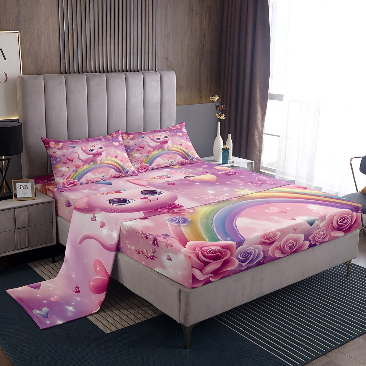Kawaii Cat Bed Sheets Set King Cartoon Kitten Sheet Set Teens,Rainbow ...