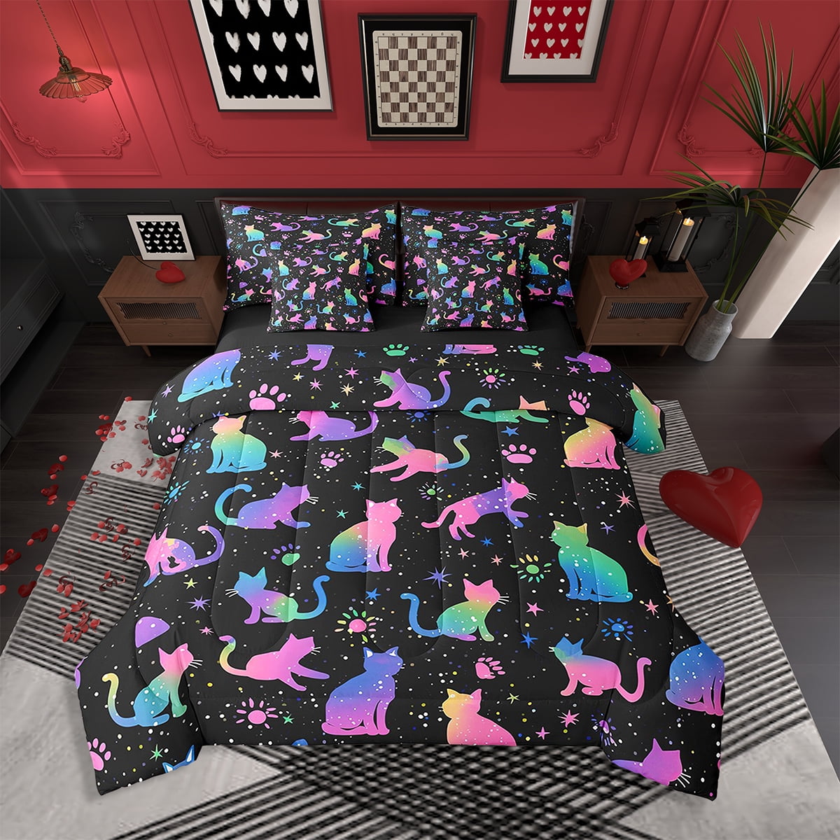 Kawaii Cat Bed in a Bag 7pcs Cute Kitten Animal Bedding Set, Black and ...