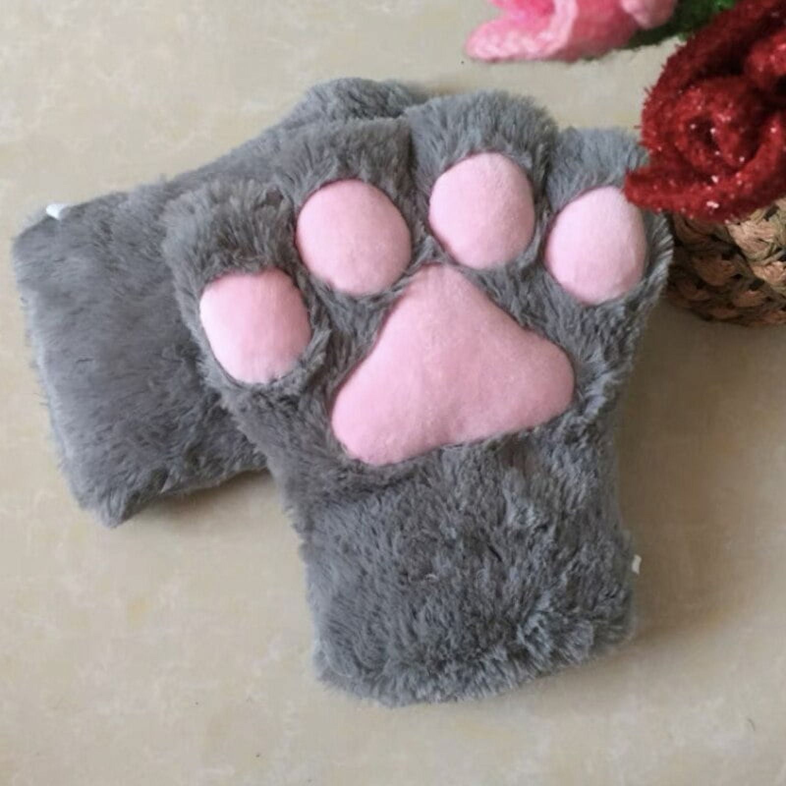 Kawaii Cat Claw Paw Plush Gloves Women Winter Warm Short Fingerless ...