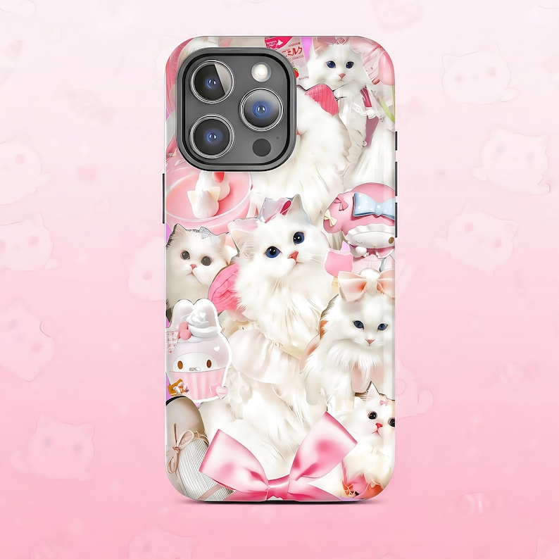 Kawaii Cat Collage Phone Case for iPhone 11 to 17 – Pink Kitten Art ...