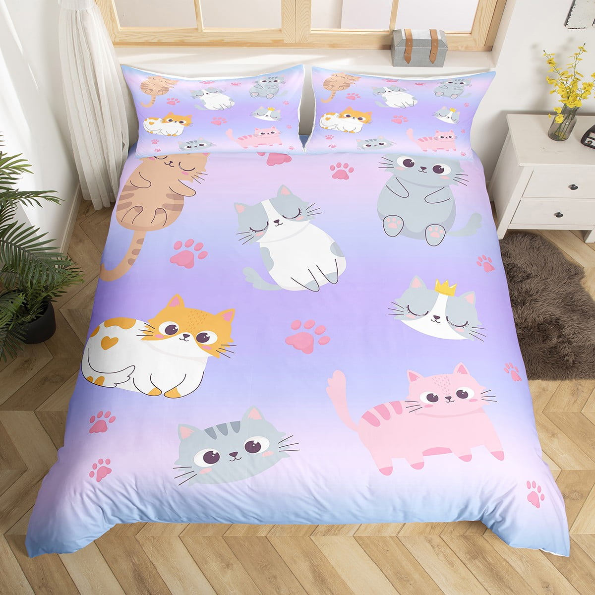 Kawaii Cat Comforter Cover Pink Blue Purple Pastel Bedding Set Rainbow ...