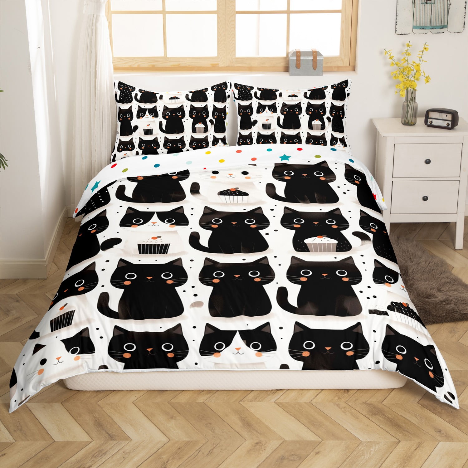 Kawaii Cat Comforter Cover Queen Size Black Cat Bedding Set,Pet Kitten ...