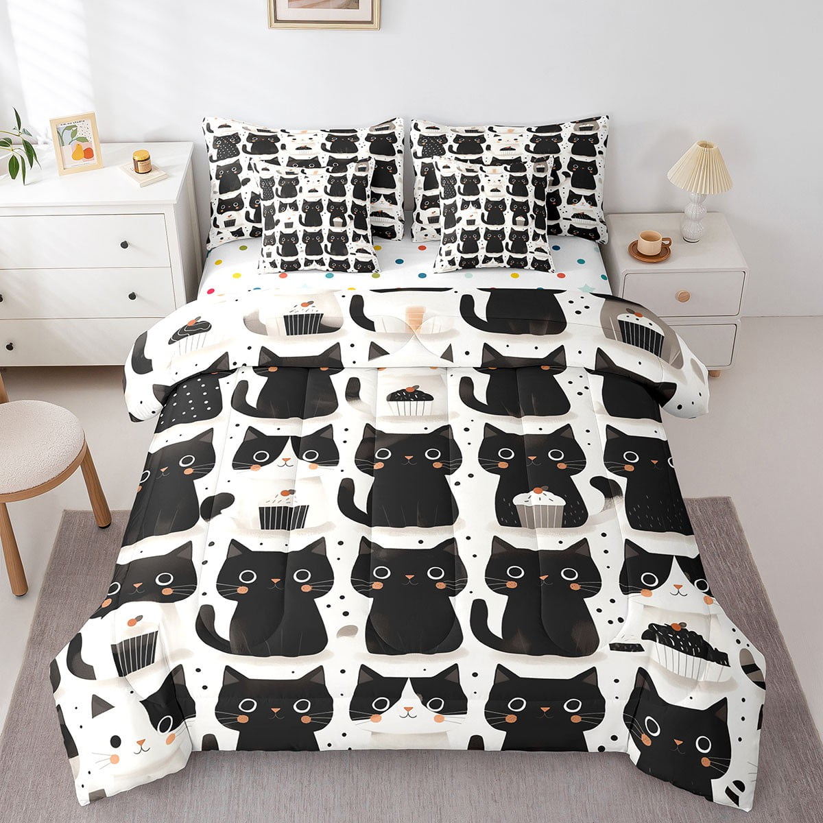 Kawaii Cat Comforter Set Black Cat Full Bedding Set 7 Pieces,Pet Kitten ...