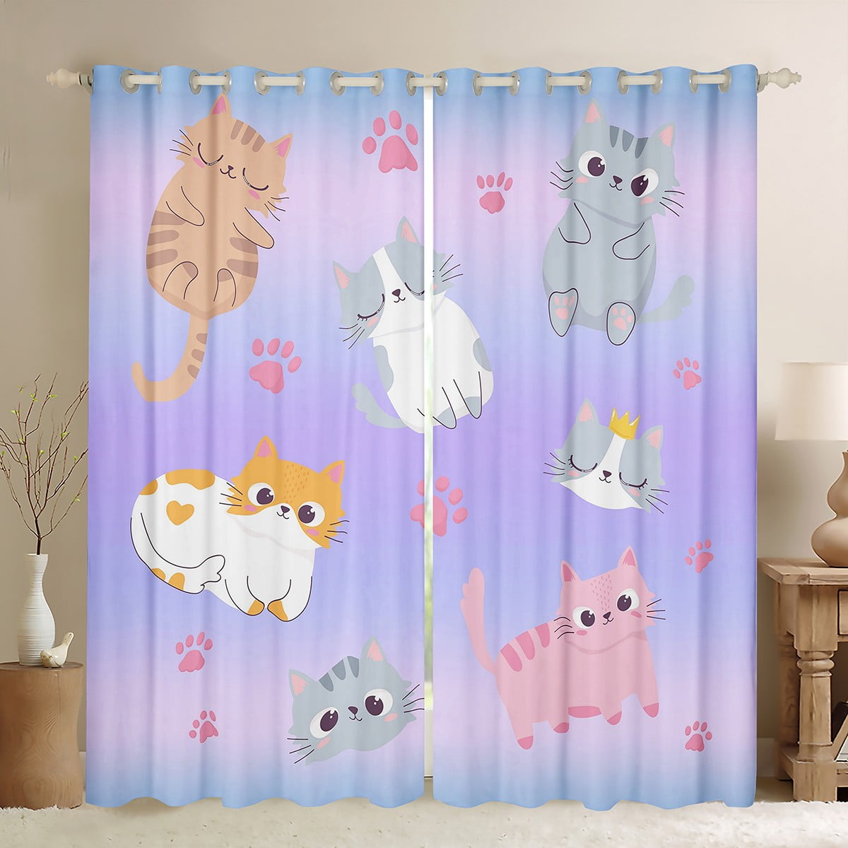 Kawaii Cat Curtains & Drapes Pink Blue Purple Pastel Blackout Curtains ...