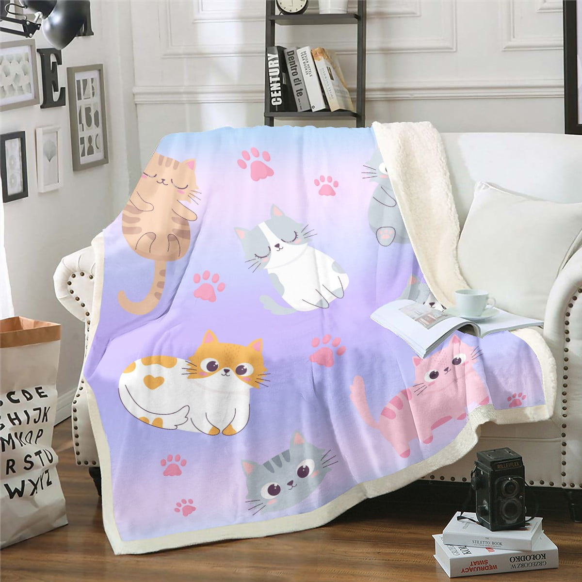 Kawaii Cat Fleece Bed Blanket Pink Blue Purple Pastel Throw Blanket ...
