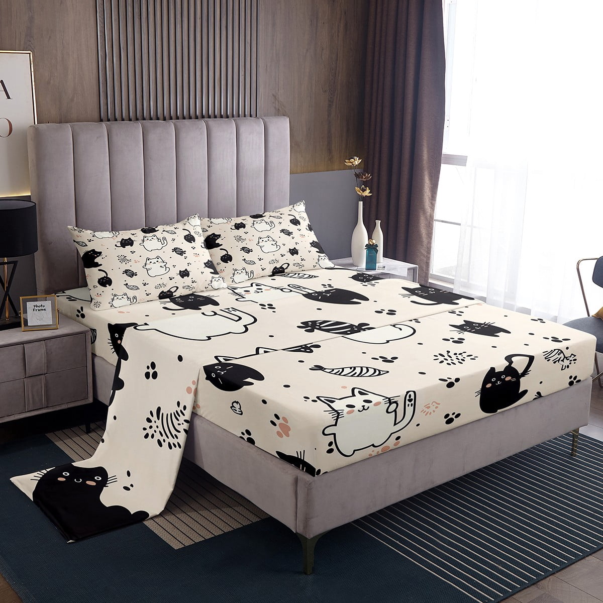 Kawaii Cat Full Bed Sheets Set Black And White Cat Themed Sheet Set ...