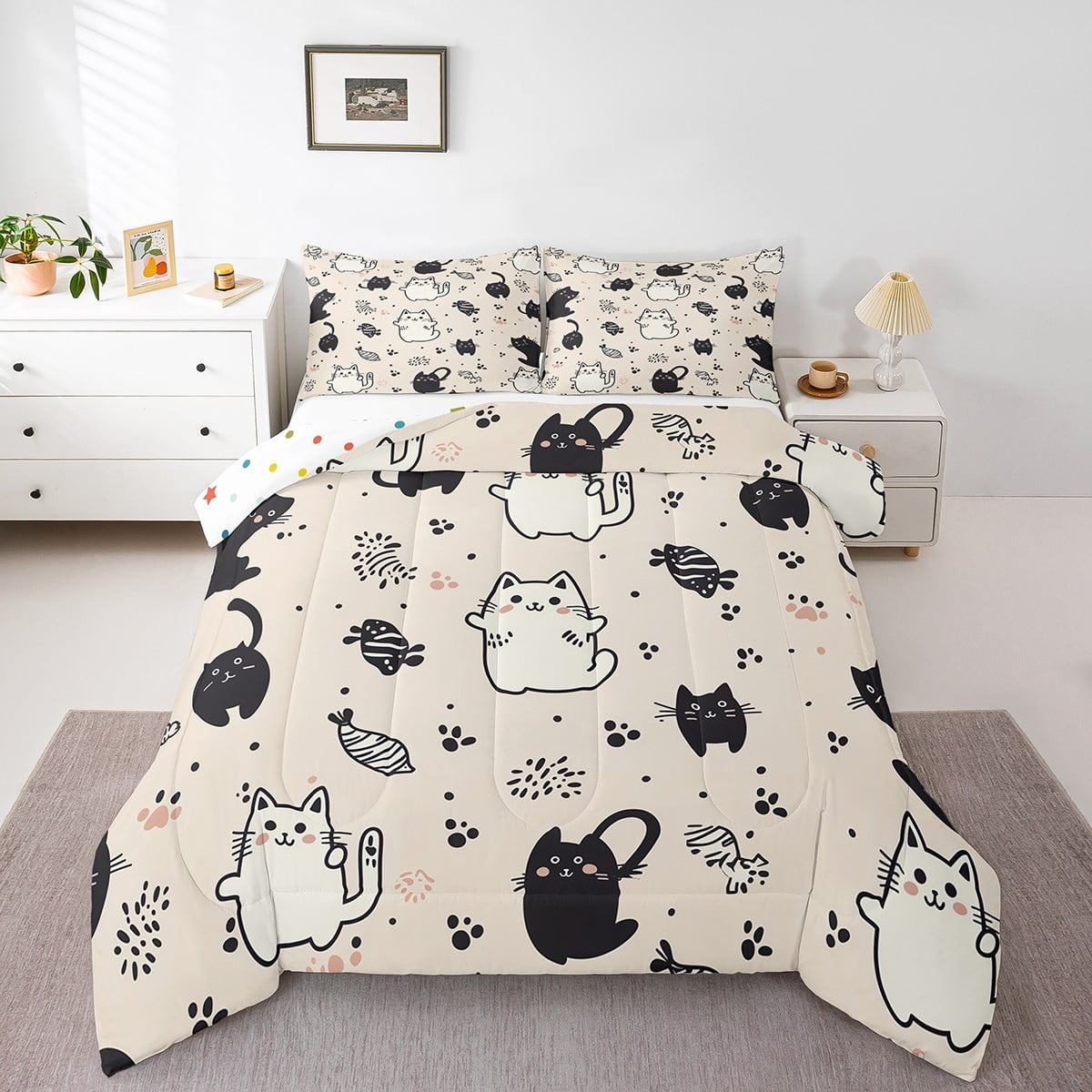 Kawaii Cat Full Comforter Set Black And White Cat Themed Bedding Set ...
