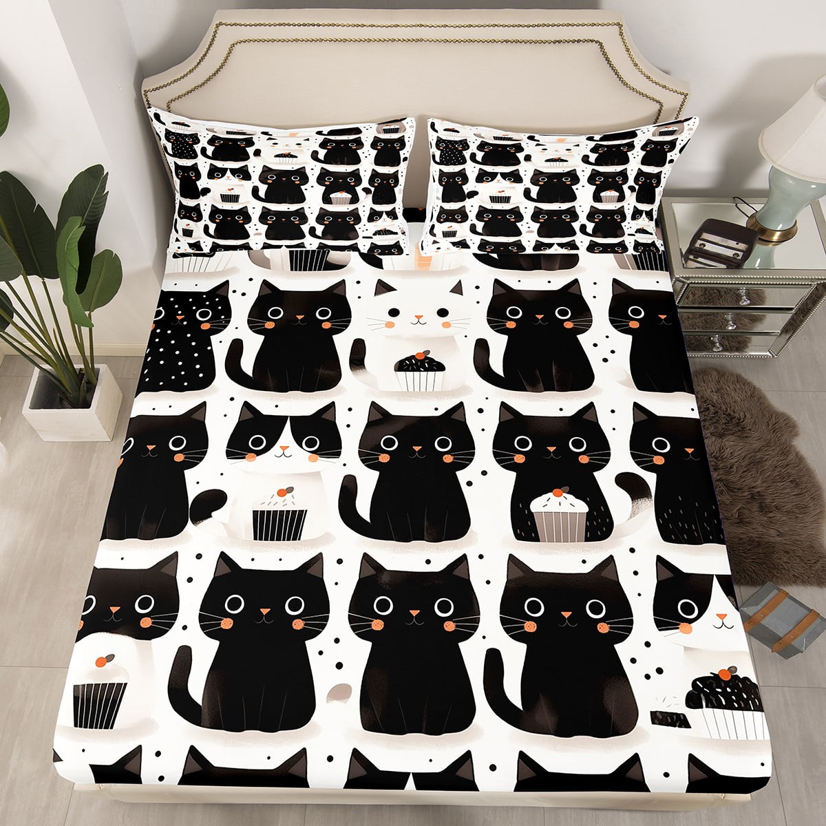 Kawaii Cat Full Size Bed Sheets Black Cat Bedding Set,Pet Kitten Cute ...