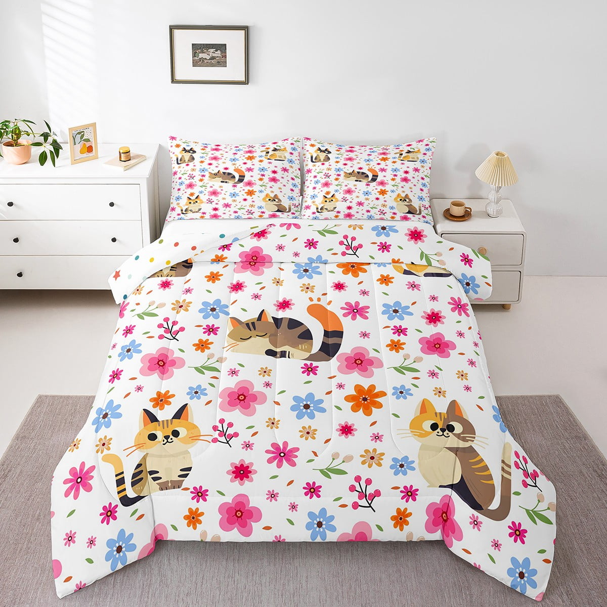 Kawaii Cat Kitten Bedding Girly Floral Comforter Set, Blue Pink Flower ...