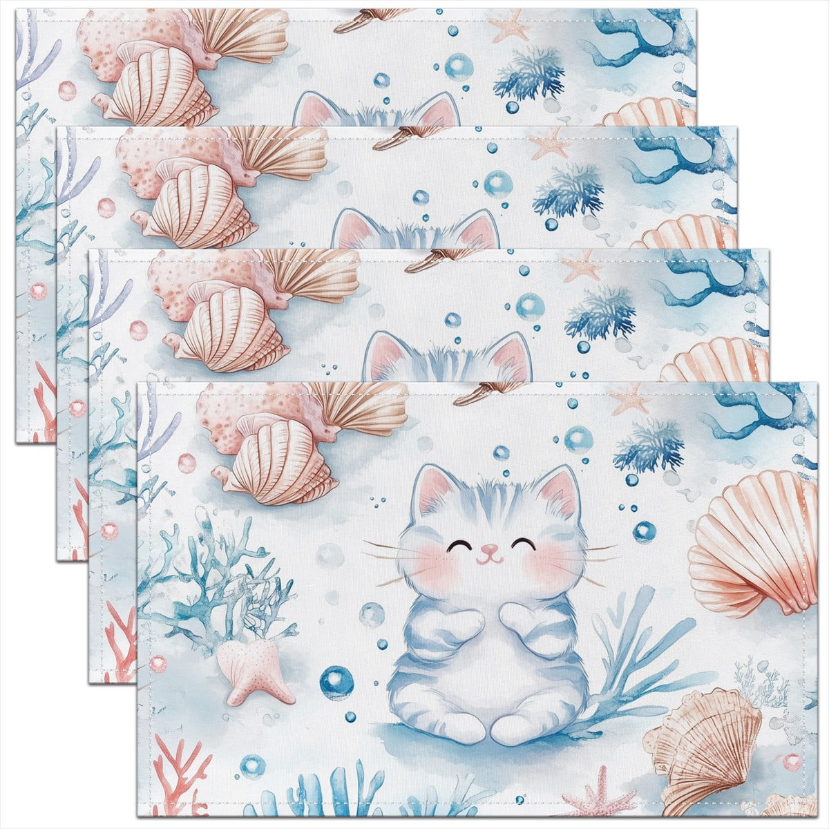 Kawaii Cat Place Mats 12x18 Inch-Set of 4 Coral Shell Conch Waterproof ...