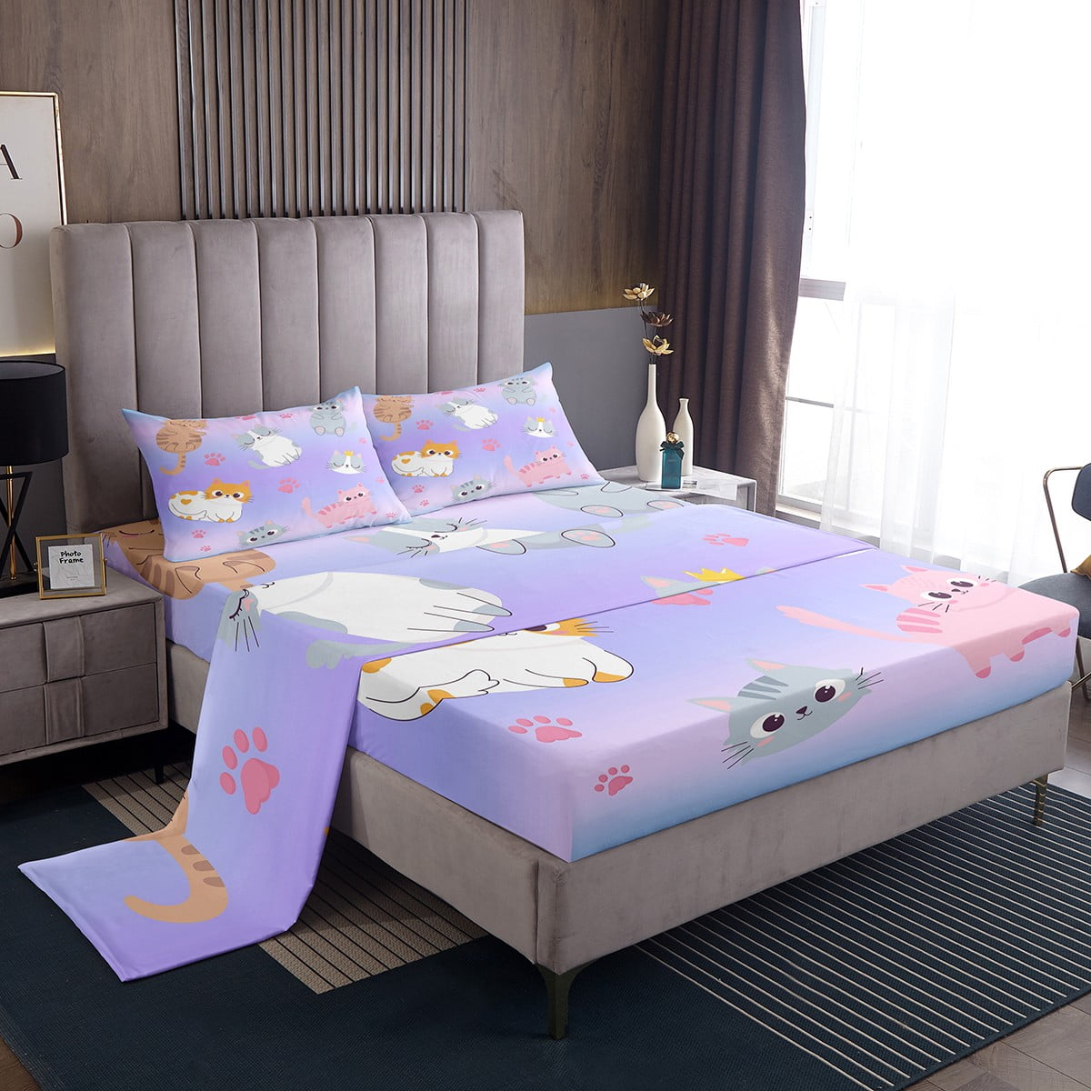 Kawaii Cat Sheet Set Pink Blue Purple Pastel Bed Sheets Rainbow Ombre ...