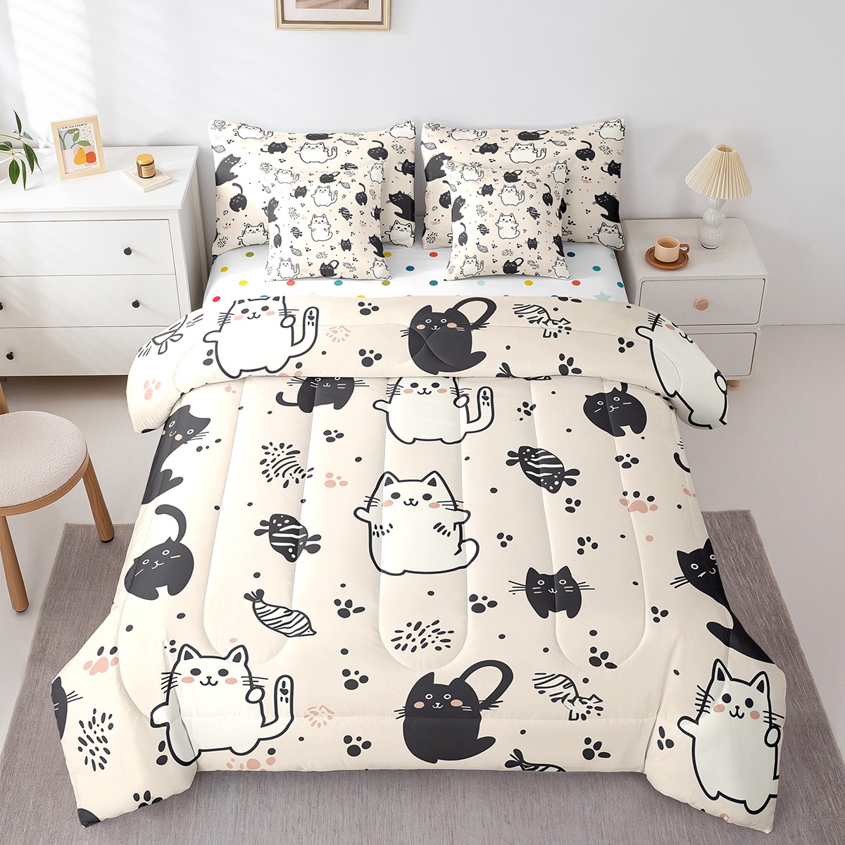 Kawaii Cat Twin Bedding Set Black And White Cat Themed 7 Pieces ...