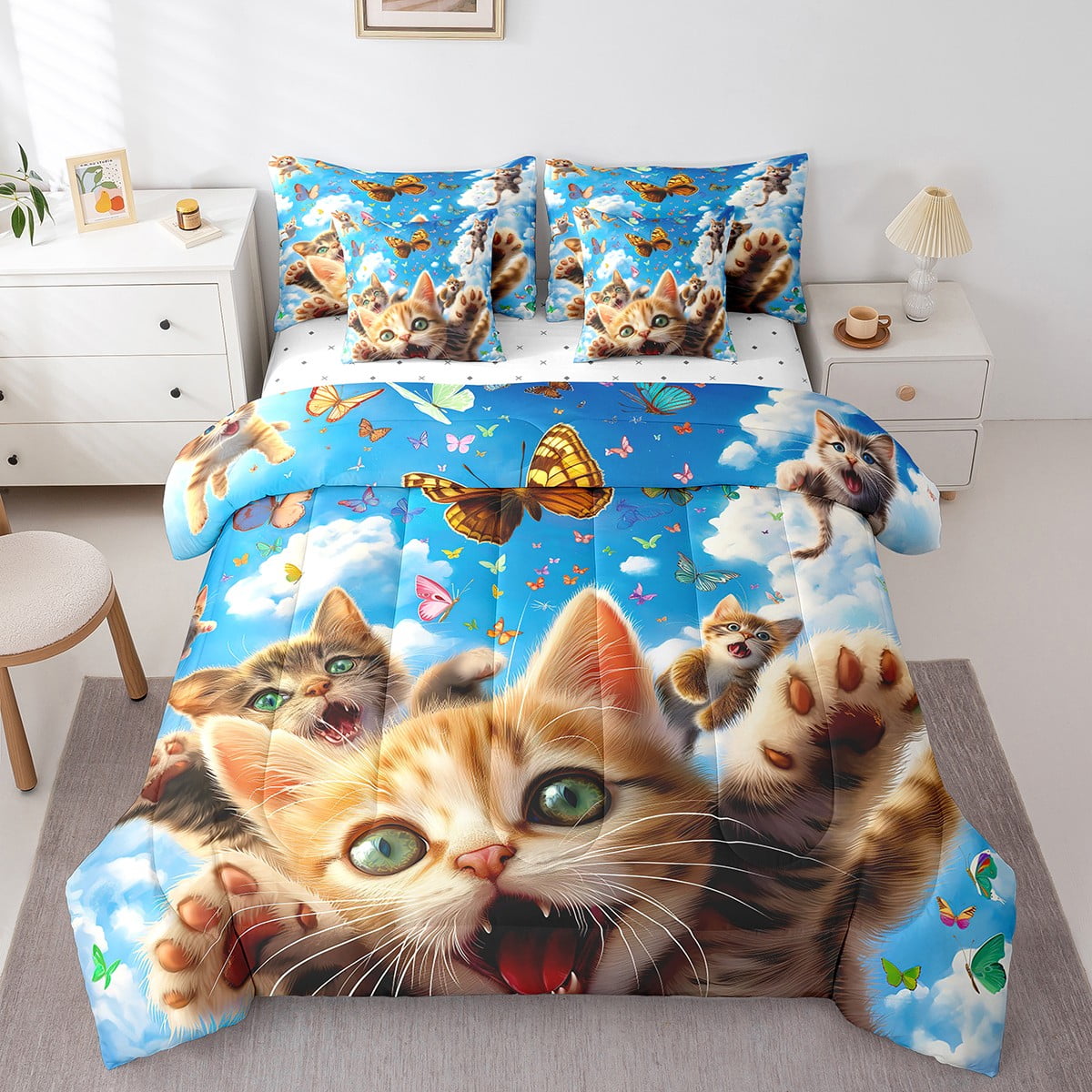 Kawaii Cat Twin Bedding Sets 7-Piece For Kids Boys Girls Funny Kitten ...