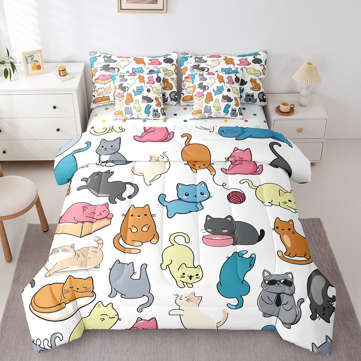 Kawaii Cats 7 Piece Bed in a Bag Twin Comforter Set, Cute Kitten ...