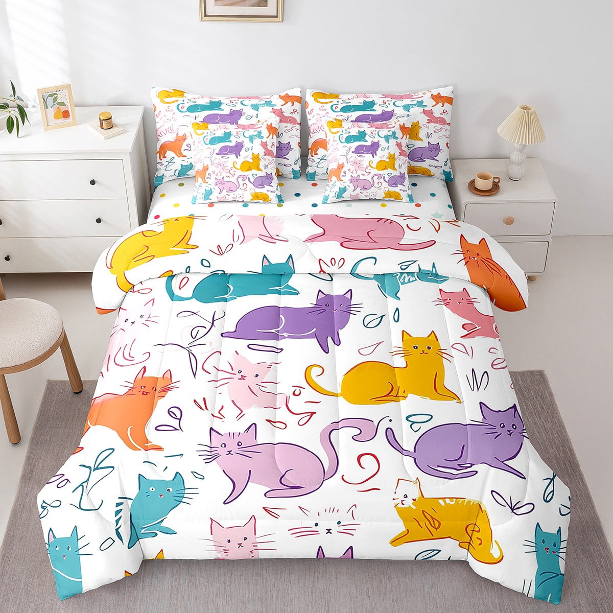 Kawaii Cats Bed in a Bag Queen Comforter Set 7 Piece,Multicolor Kitten ...
