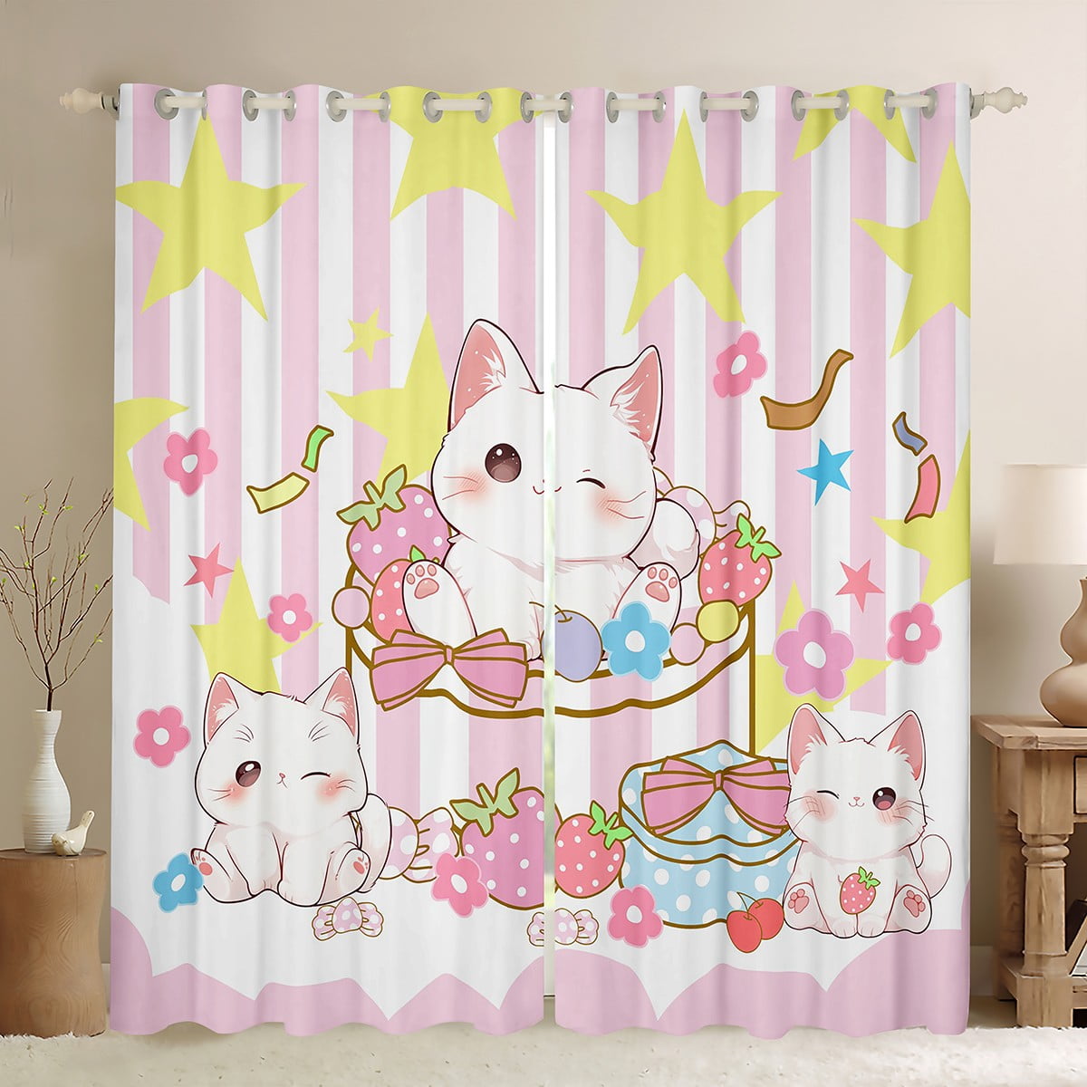 Kawaii Cats Women Window Drapes Cartoon Kittens Strawberry Window ...