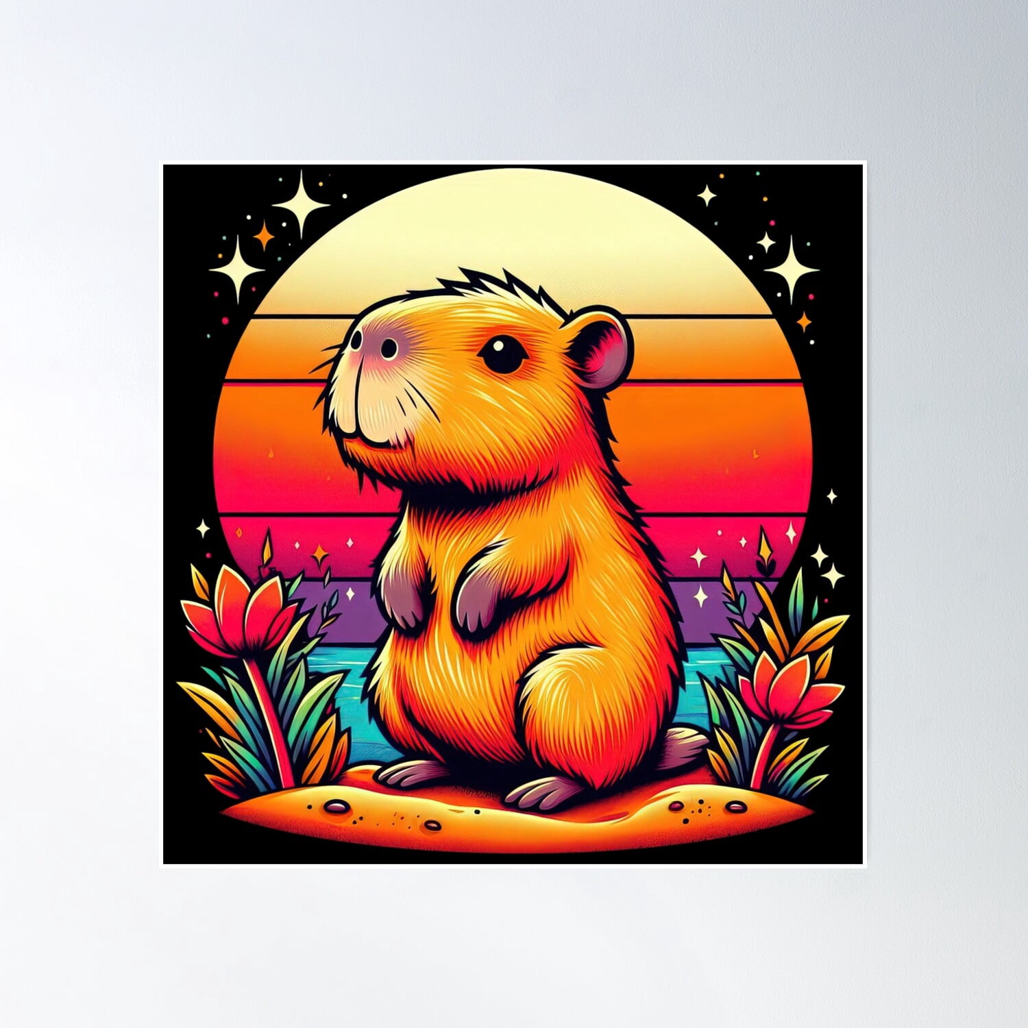 Kawaii Chibi Capybara 80S Vaporwave Tropical Island With Sunset And ...