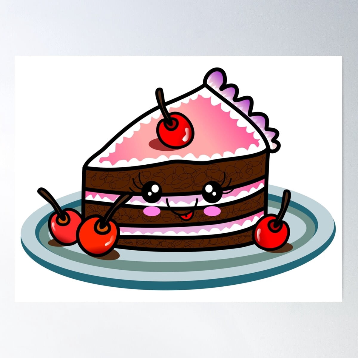 Kawaii Chocolate Cherry Cake Slice With Cute Face Poster Wall Art ...