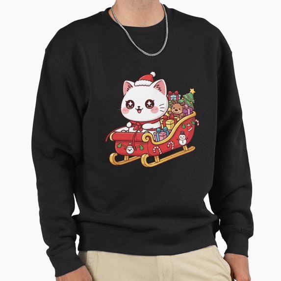Kawaii Christmas Cat In Sleigh With Gifts Graphic Unisex Sweatshirt ...