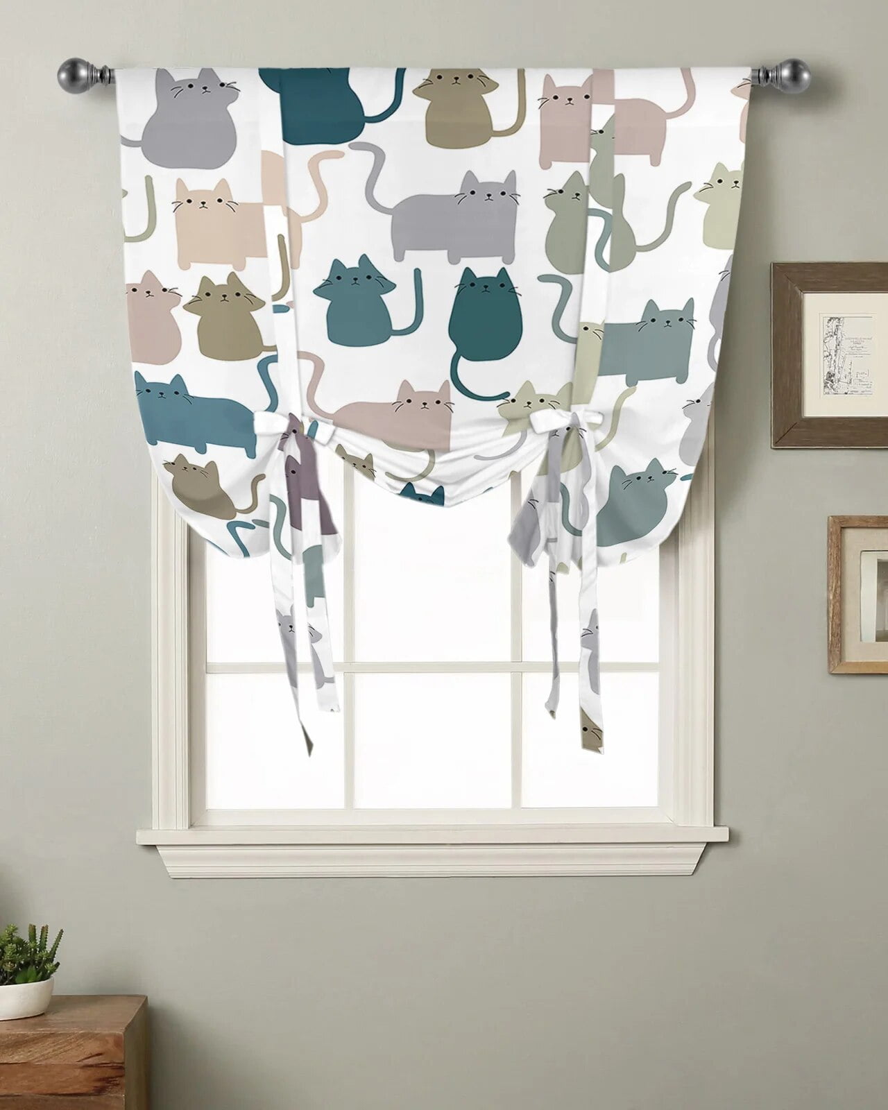 Kawaii Colorful Cat White Kitchen Short Window Curtain Rod Pocket ...
