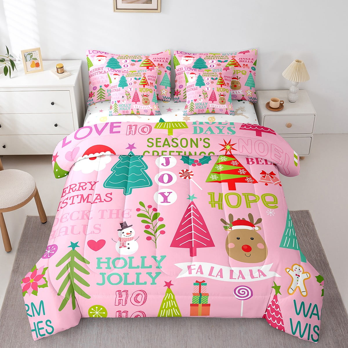 Kawaii Comforter Set 7 Piece Bed in a Bag Twin,Pink Christmas Tree ...