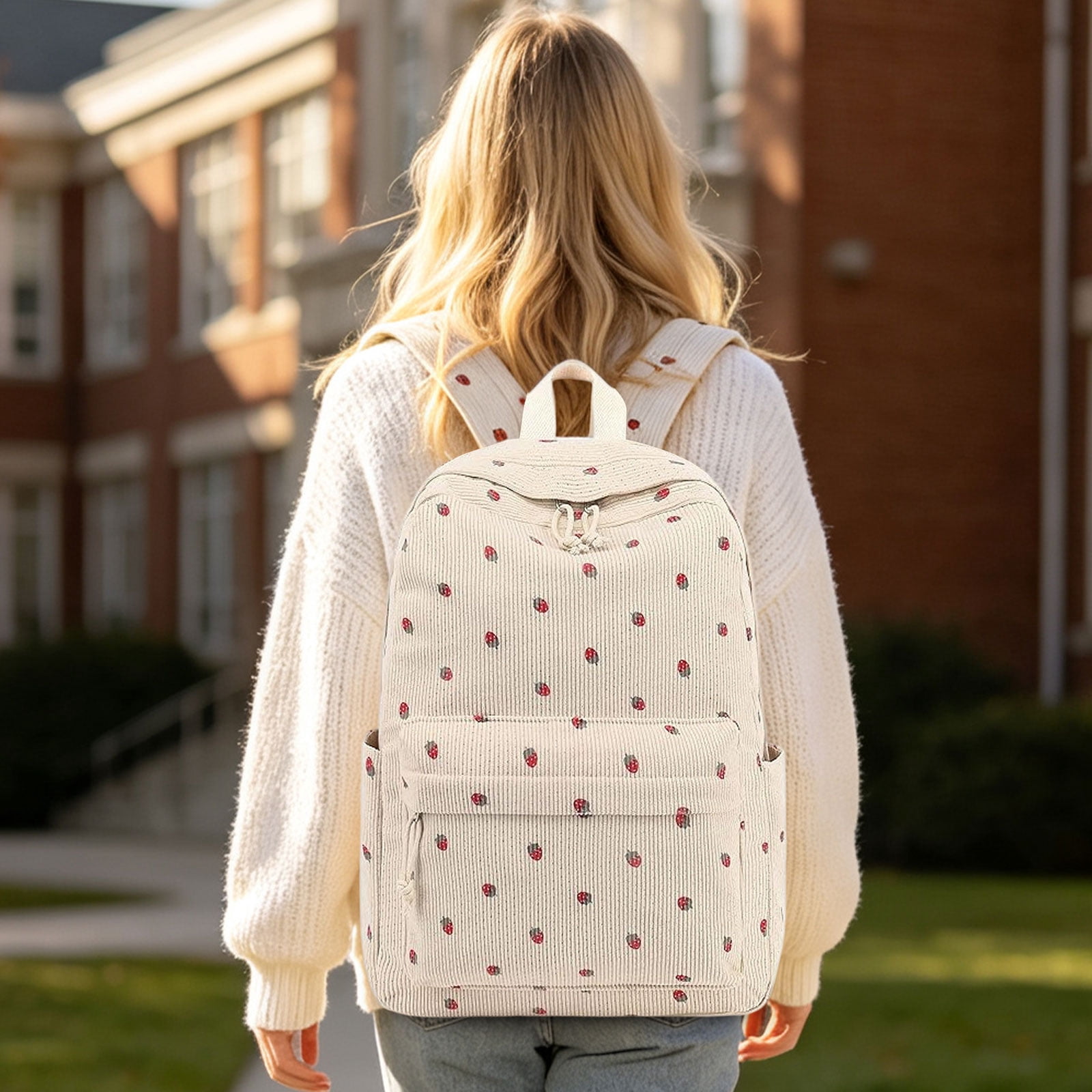 Kawaii Corduroy School Backpack with Strawberry Pattern, Water ...