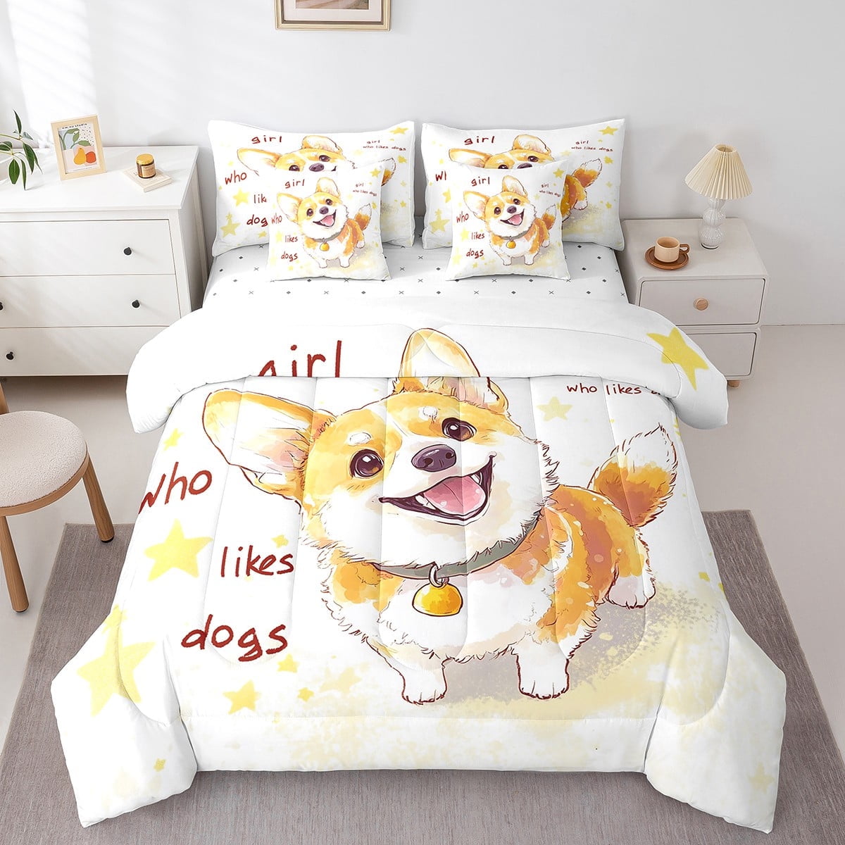 Kawaii Corgi Bedding Set Full Size,Cartoon Dog Puppy Comforter 7 Pieces ...