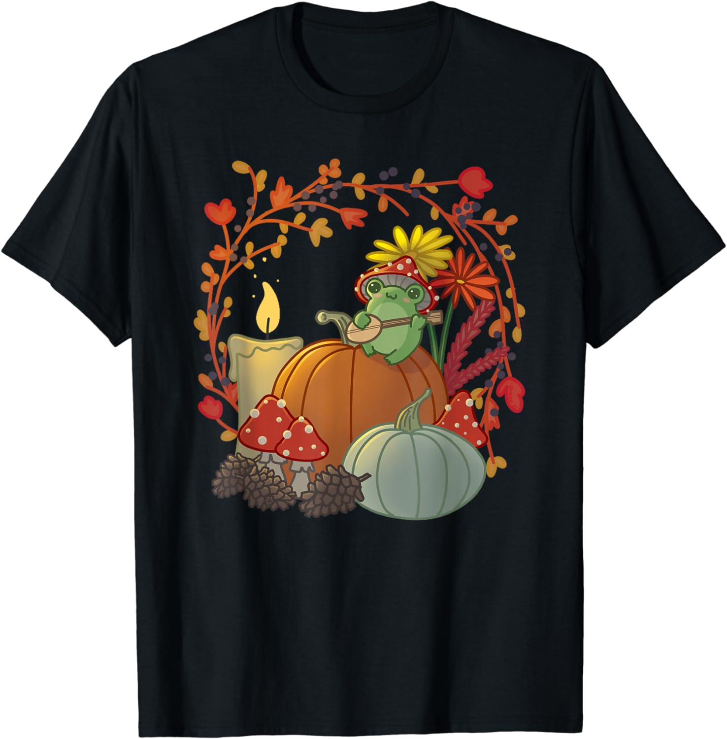 Kawaii Cottagecore Aesthetic Frog With Mushroom Hat Pumpkins T-Shirt ...
