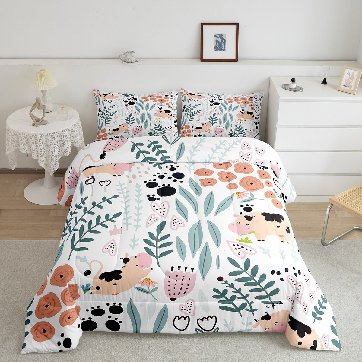 Kawaii Cow Bedding Set,Cartoon Milk Cow Comforter Set Twin,Cute Love ...