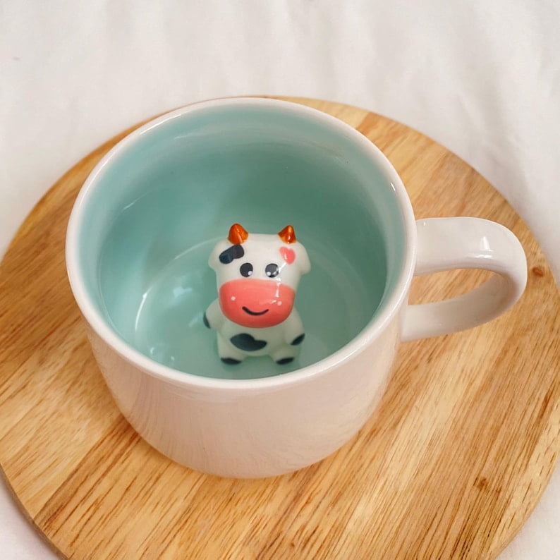 Kawaii Cow Mug, Cute Ceramic Cow Coffee Cup with Hidden Surprise Inside ...