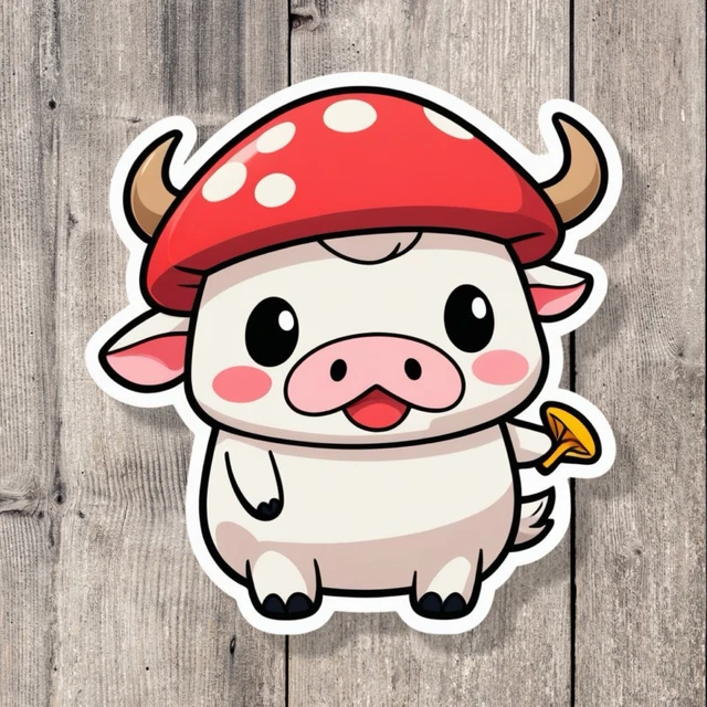 Kawaii Cow With Mushroom Hat Laptop Sticker Water Bottle Sticker ...