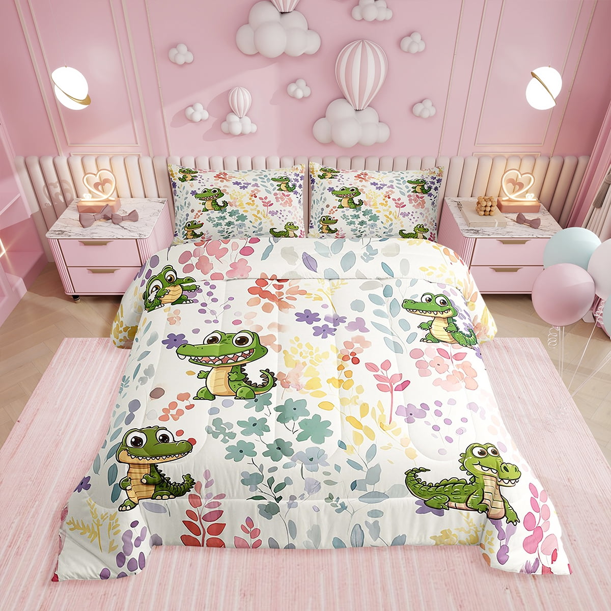 Kawaii Crocodile Bedding Set Twin Size,Cartoon Crocodile Flower ...
