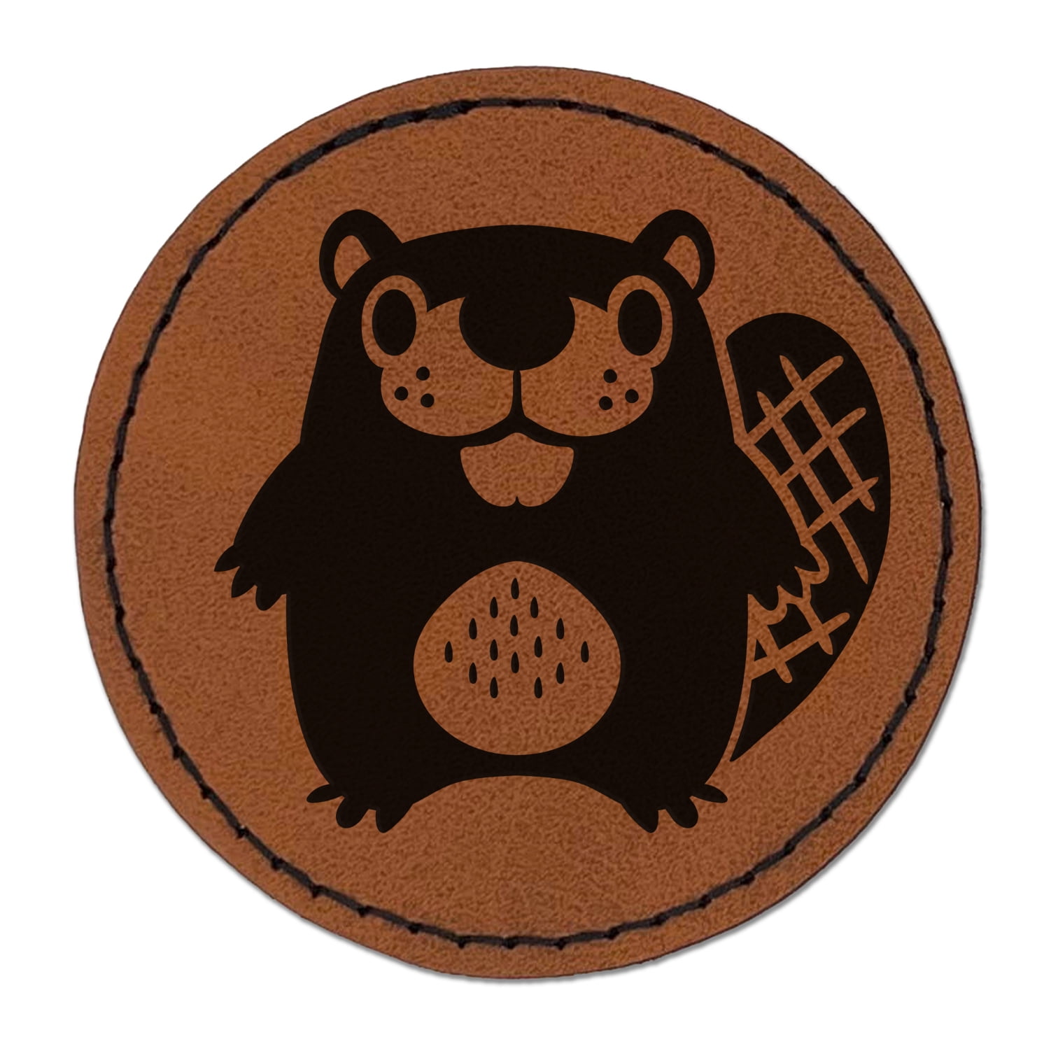 Kawaii Cute Beaver Buddy 2.5" Faux Leather Round Engraved Iron-On Patch ...