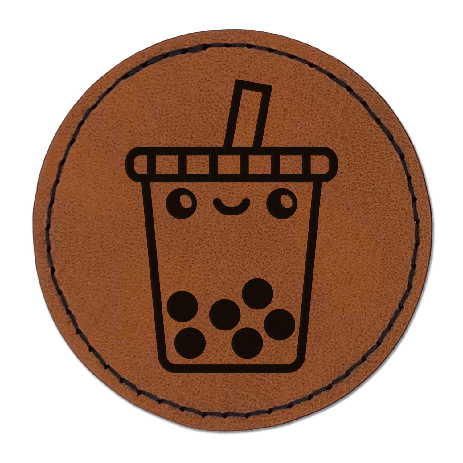 Kawaii Cute Boba Bubble Milk Tea Face 2.5" Faux Leather Round Engraved ...