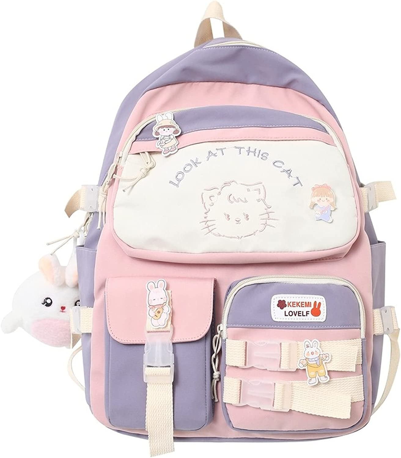 Kawaii Cute Cat Backpack with Bunny Pendant & Pins - Back To School ...