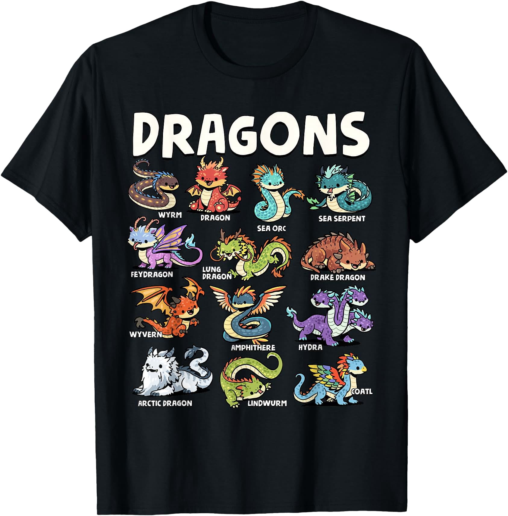Kawaii Cute Dragon Types Chart Mythical Creatures Hydra T-Shirt ...