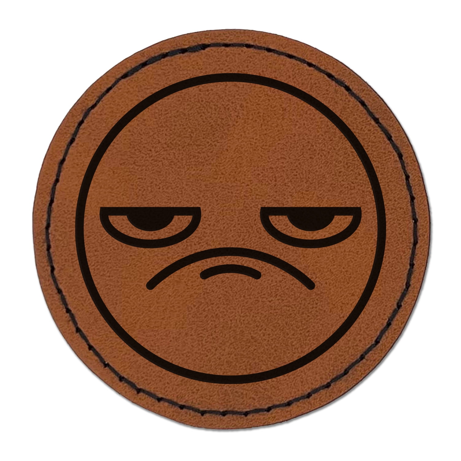 Kawaii Cute Grumpy Meh Face 2.5" Faux Leather Round Engraved Iron-On ...