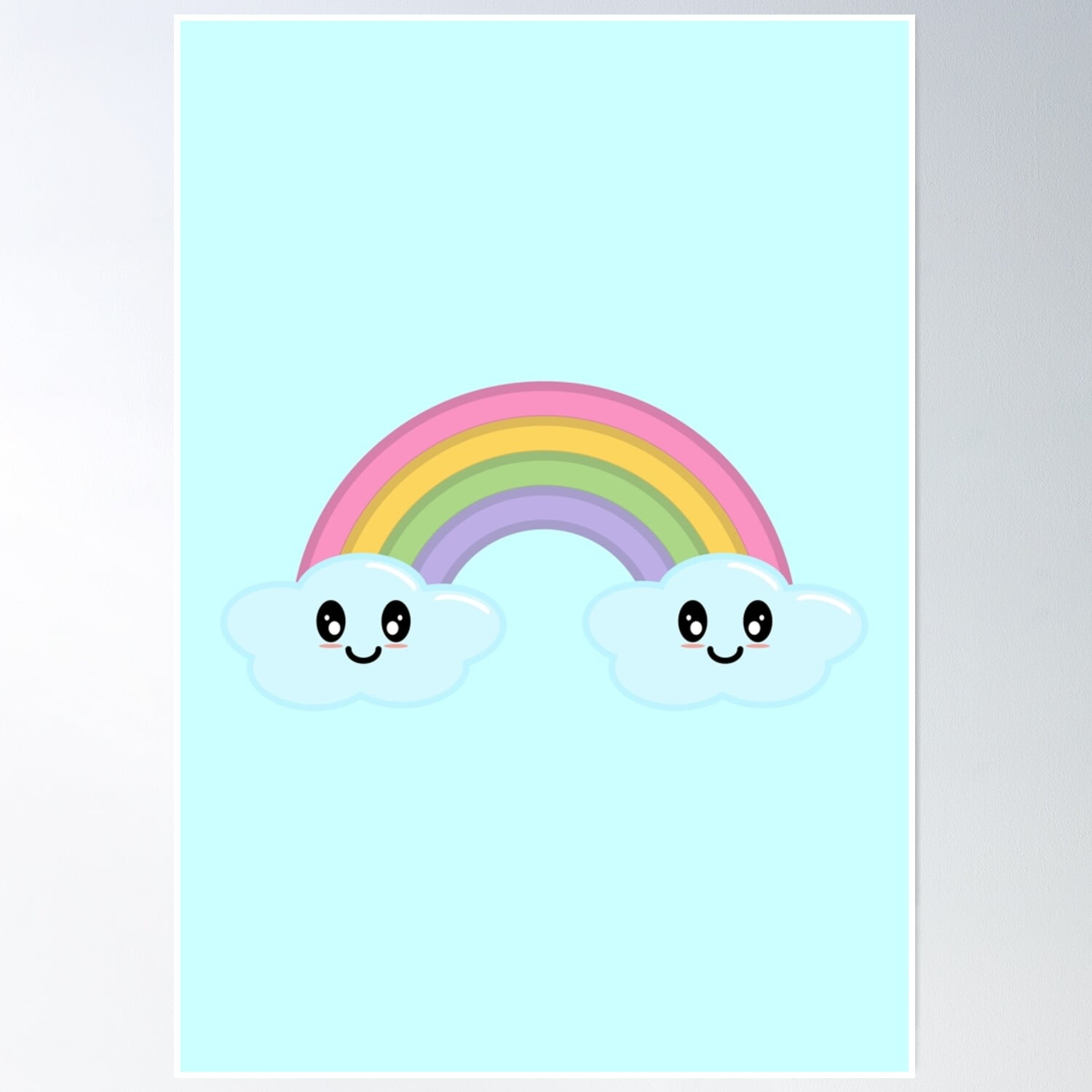 Kawaii Cute Happy Rainbow And Clouds In Blue Poster Wall Art, Modern ...