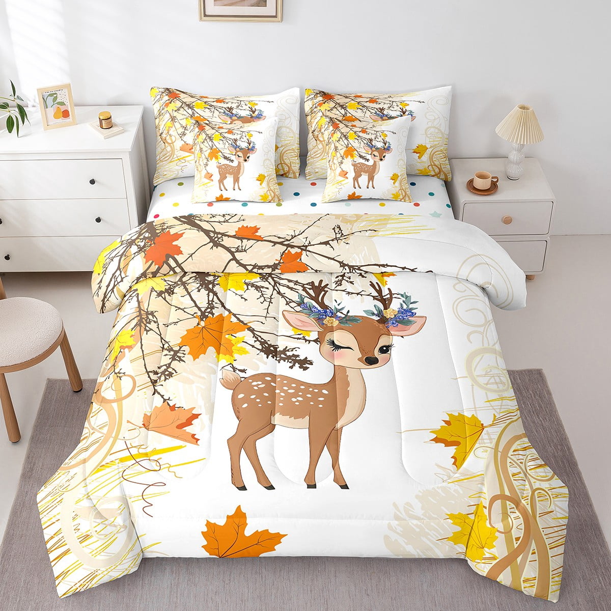 Kawaii Deer 7 Pcs Comforter Set King Bed in a Bag,Autumn Fall Leaves ...