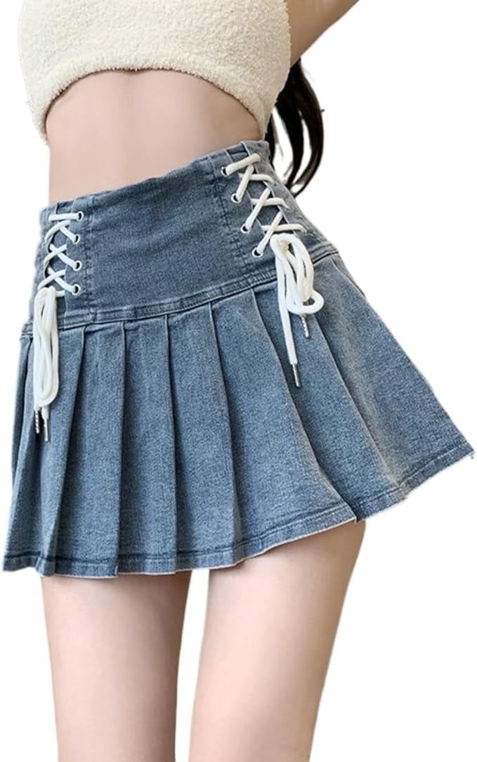 Kawaii Denim Mini Skirts Y2k Jean Cargo Skirt Lace Up Pleated Skirt ...