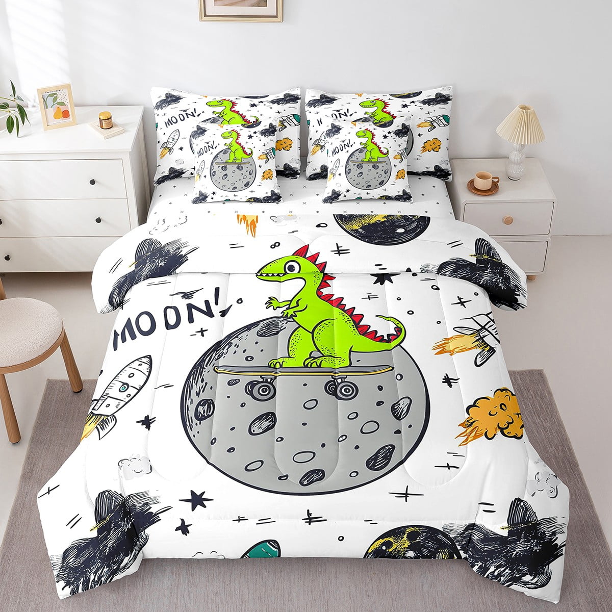 Kawaii Dino Comforter Set 7 Piece Bed in a Bag Twin,Universe Planet ...