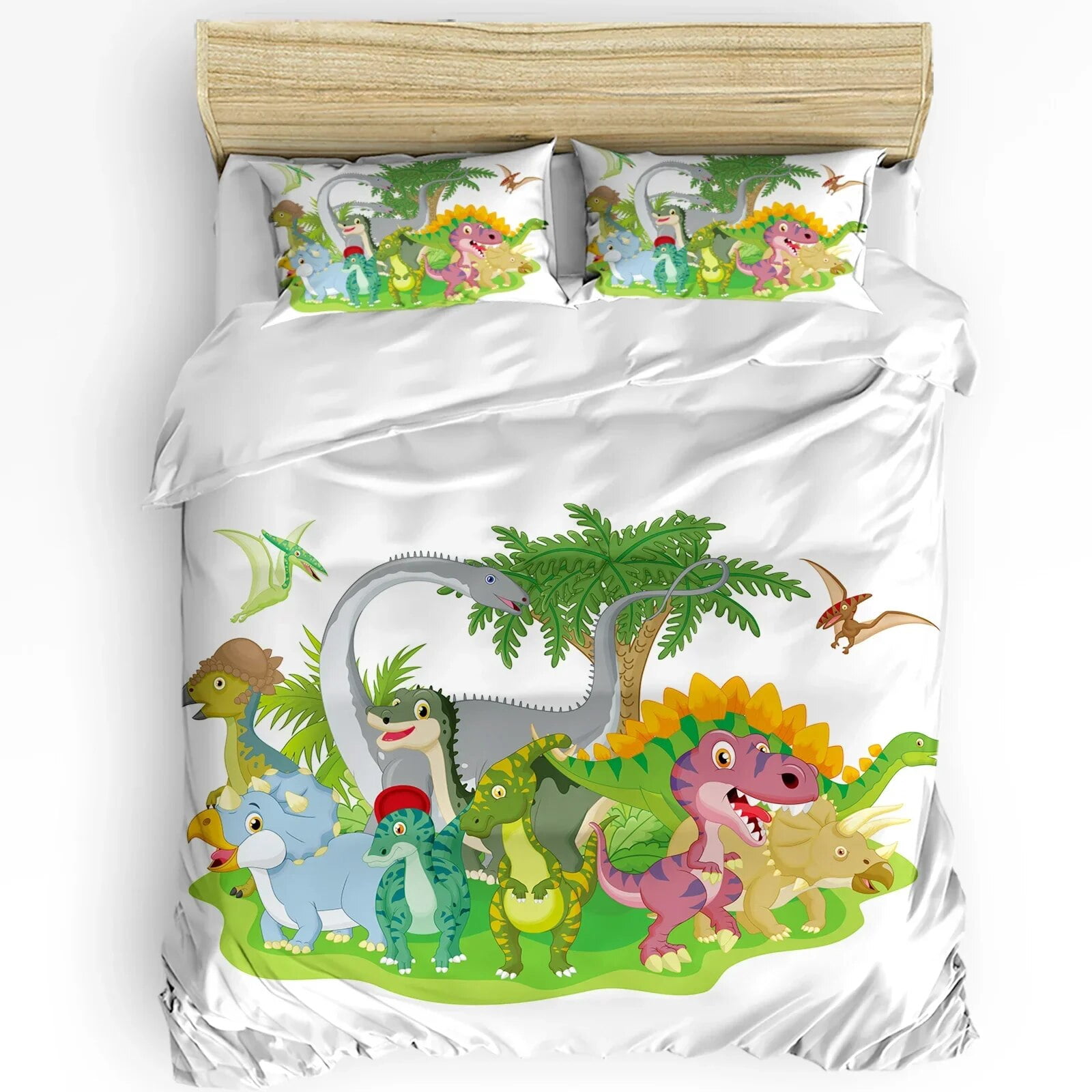 Kawaii Dinosaur Cartoon White Bedding Set 3pcs Duvet Cover Pillowcase ...