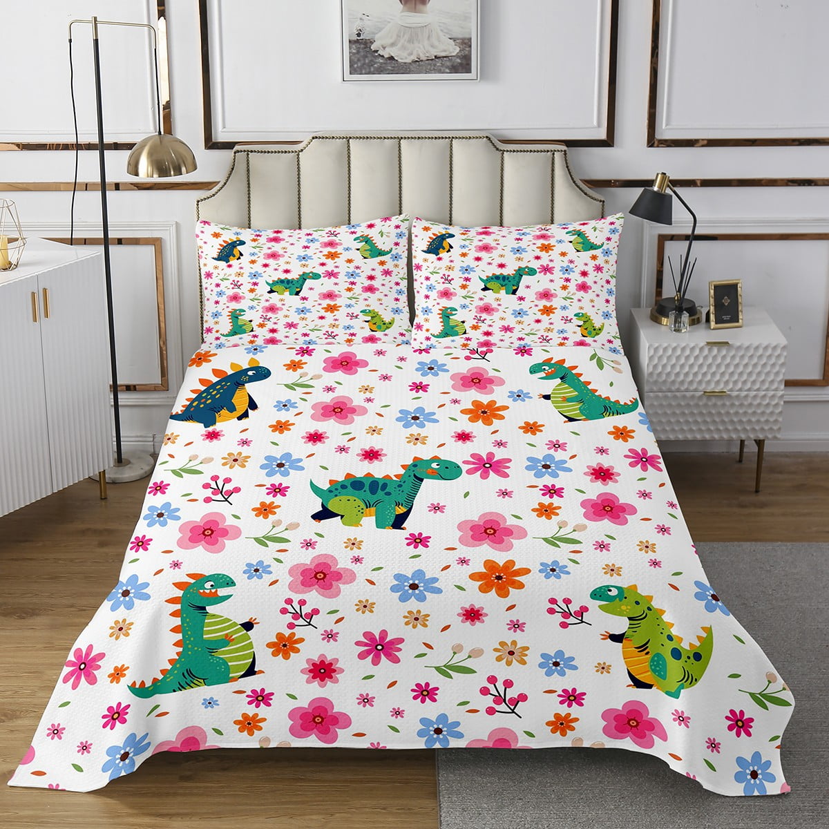 Kawaii Dinosaur Queen Bedspread Set Girly Floral Quilt Set, Blue Pink ...