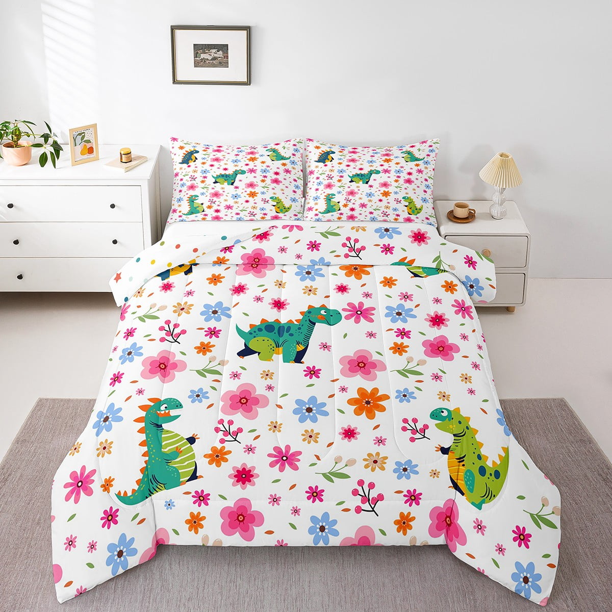 Kawaii Dinosaur Queen Comforter Set Girly Floral Bedding Set, Blue Pink ...