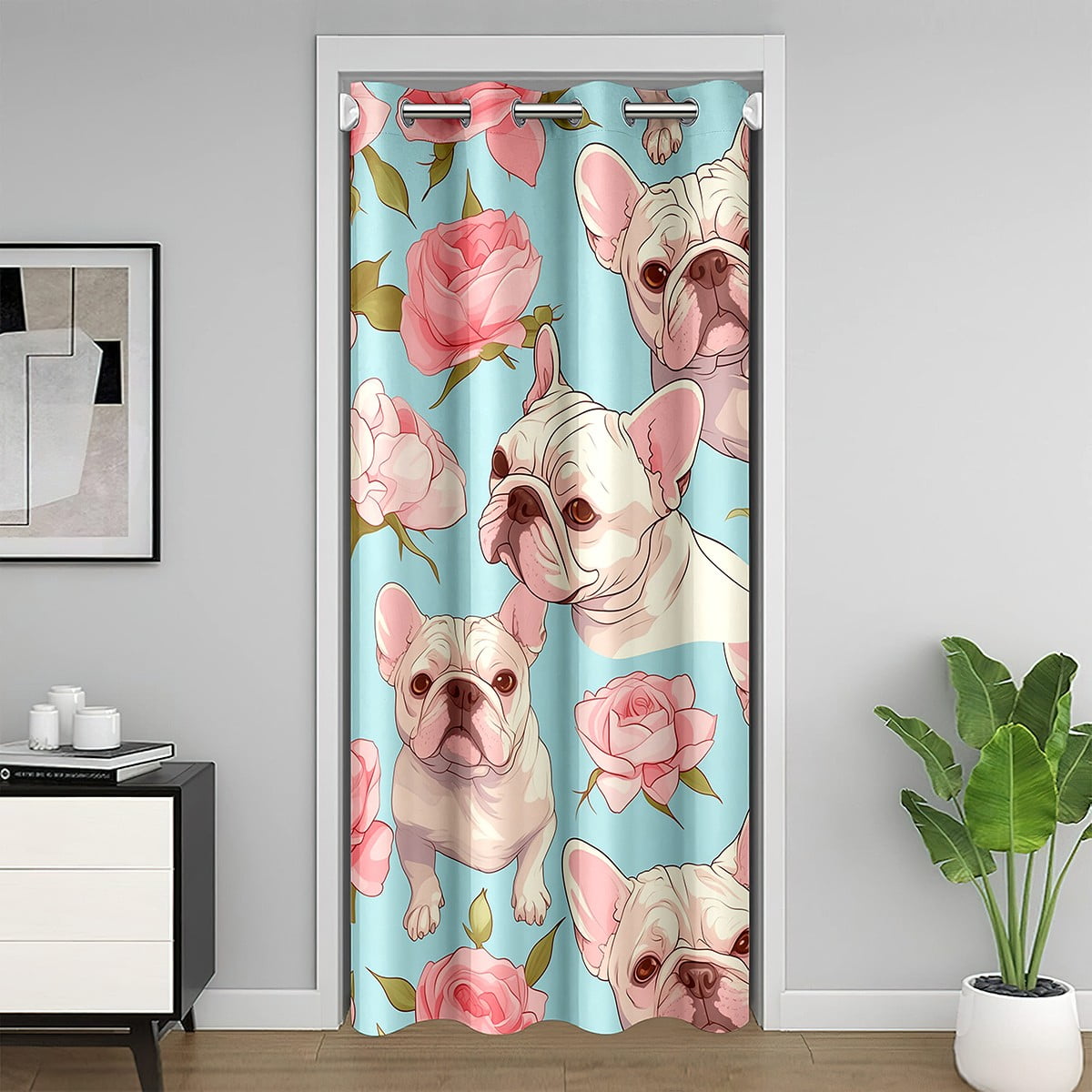Kawaii Dog Blackout Curtain,Bulldog Pug Floral Door Curtains for ...