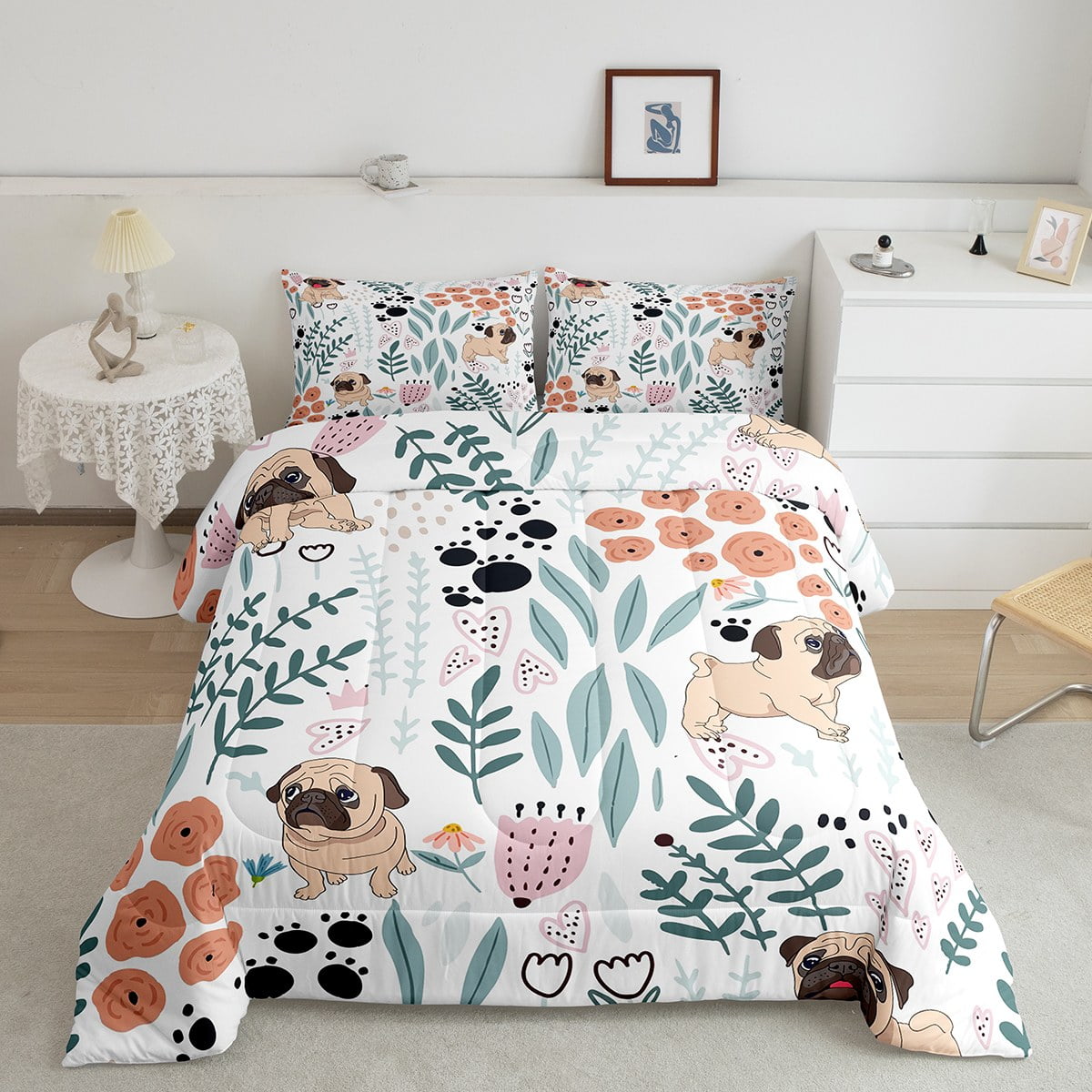 Kawaii Dog Comforter Set,Cartoon Pug Dog Bedding Set Full,Cute Love ...