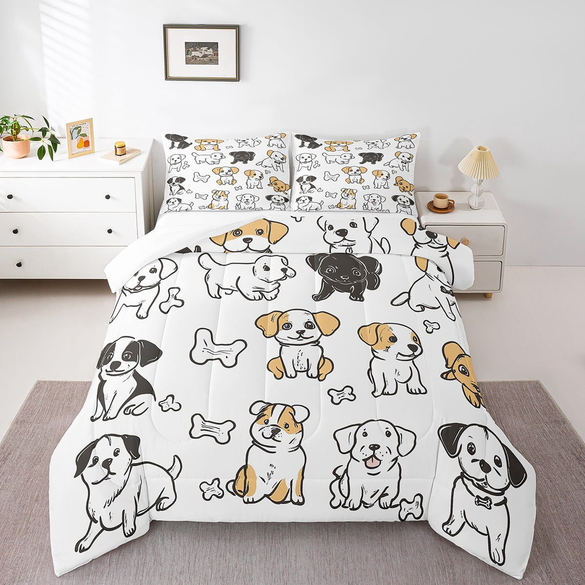 Kawaii Dogs Full Size Comforter Set,Cute Simple Dog Print Bed Set ...