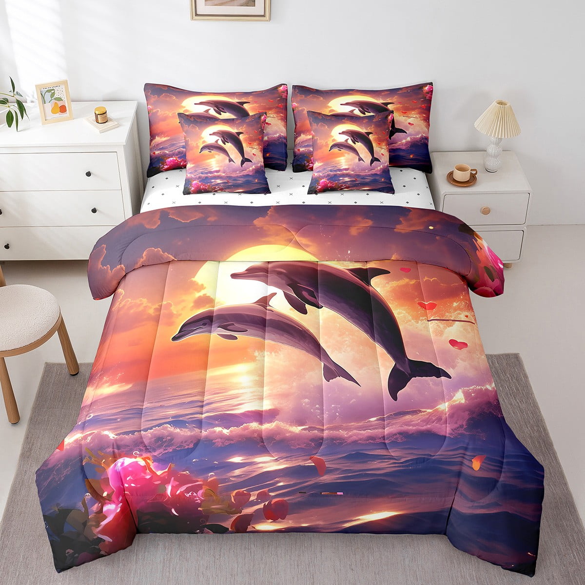 Kawaii Dolphin Bedding Comforter Sets 7 Pieces Ocean Sunset Bed in a Bag, Coastal Hawaii Beach ...