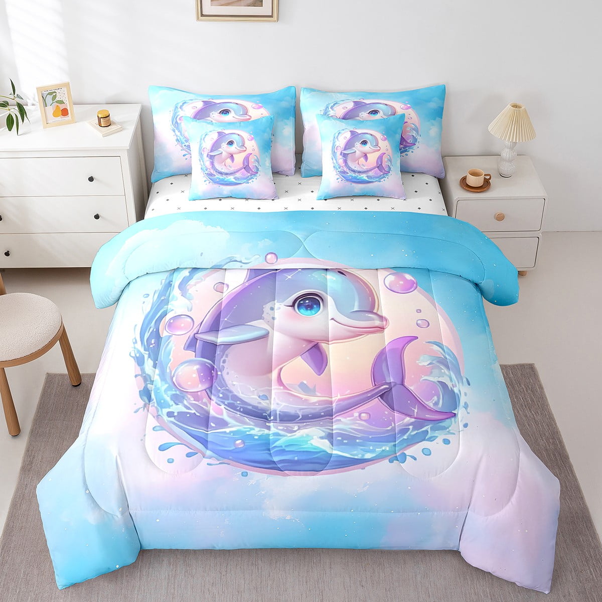 Kawaii Dolphin Bedding Set,Ocean Marine Life Fish Full Comforter Set ...